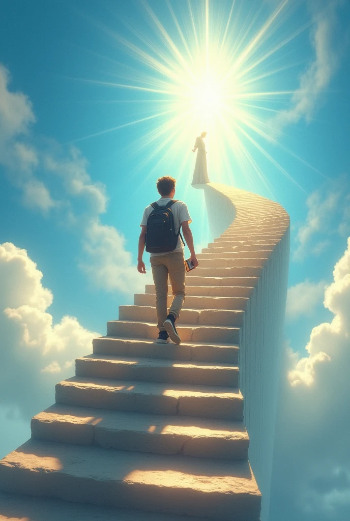 YOUNG MAN CLIMBING AN INFINITE STAIRCASE HAPPY, staring overhead ...