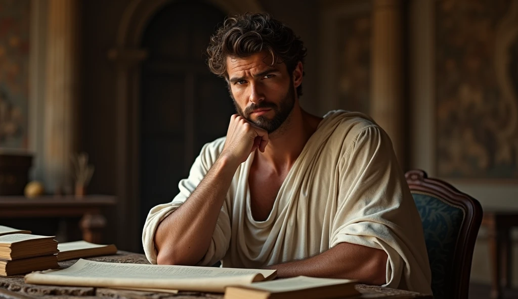 A male stoic philosopher resembling Seneca with a well-proportioned and ...