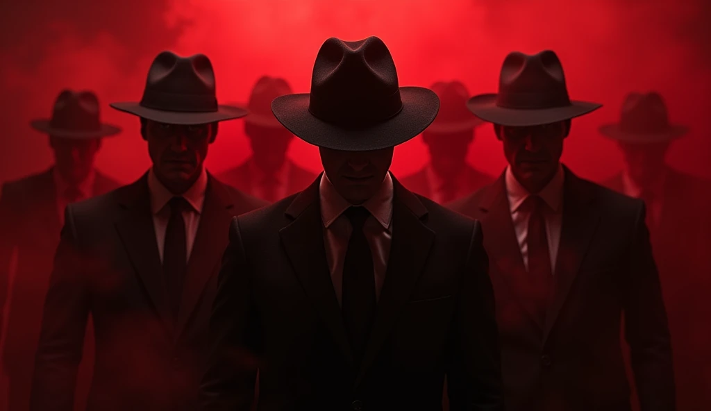An image of several men dressed in black suits with fedora hats on ...