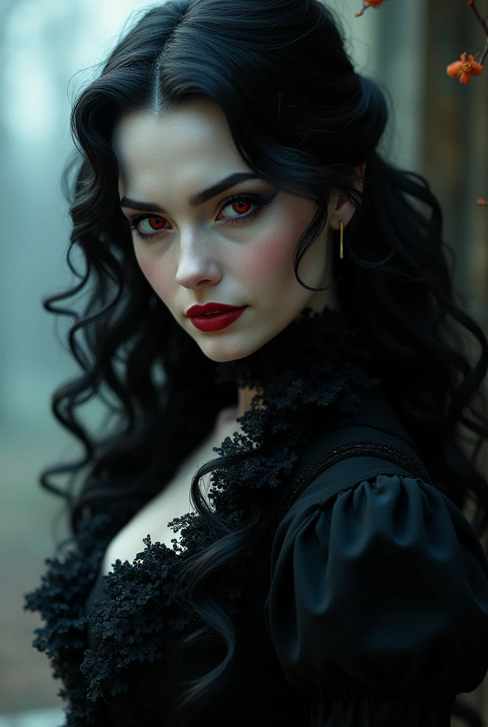 Female vampire with white skin tone, voluminous black hair, crimson ...