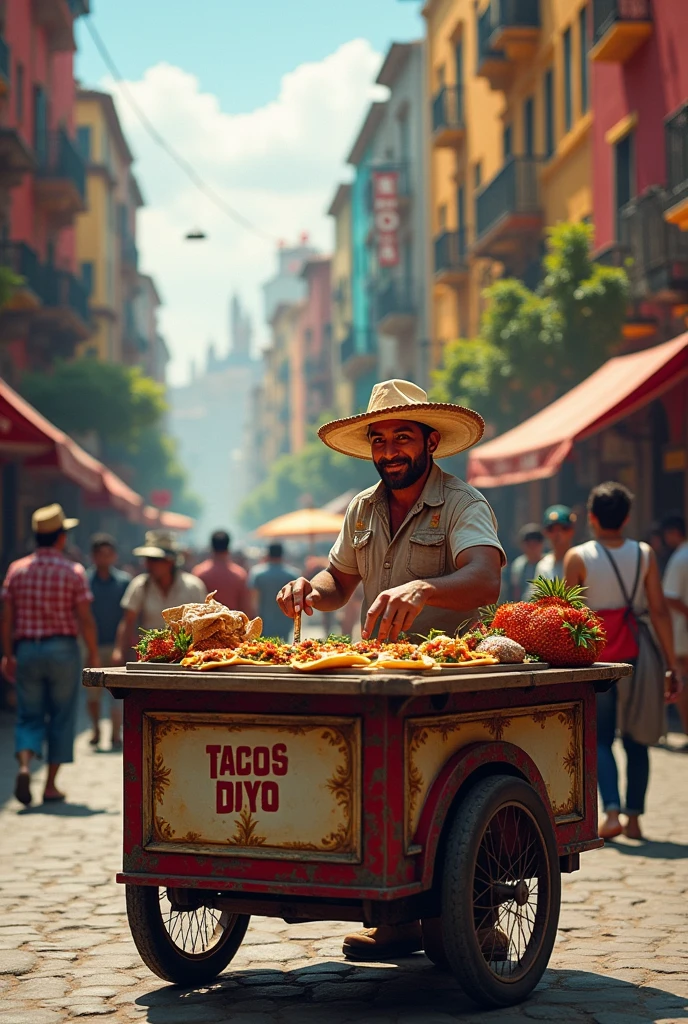 Taco vendor on a cart selling in downtown CDMX - SeaArt AI