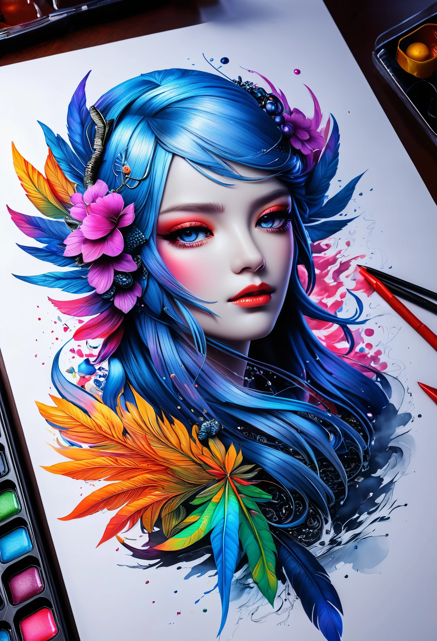 A drawing of a woman with blue hair and colorful flowers - SeaArt AI