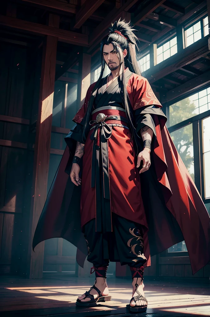 A man with long black hair in a samurai hairstyle, an extended goatee ...