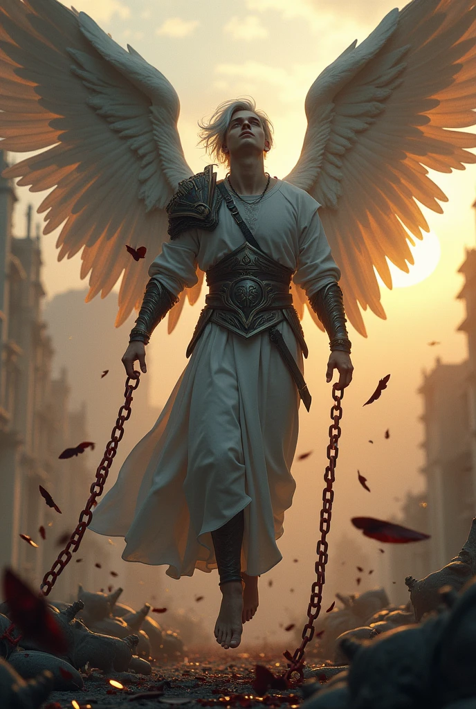 Photo image, 1 fallen male Angel floating above a ruined battlefield ...