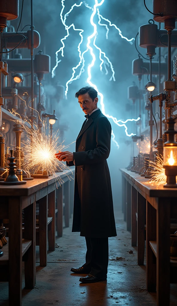 Nikola Tesla in his laboratory, demonstrating the power of alternating ...