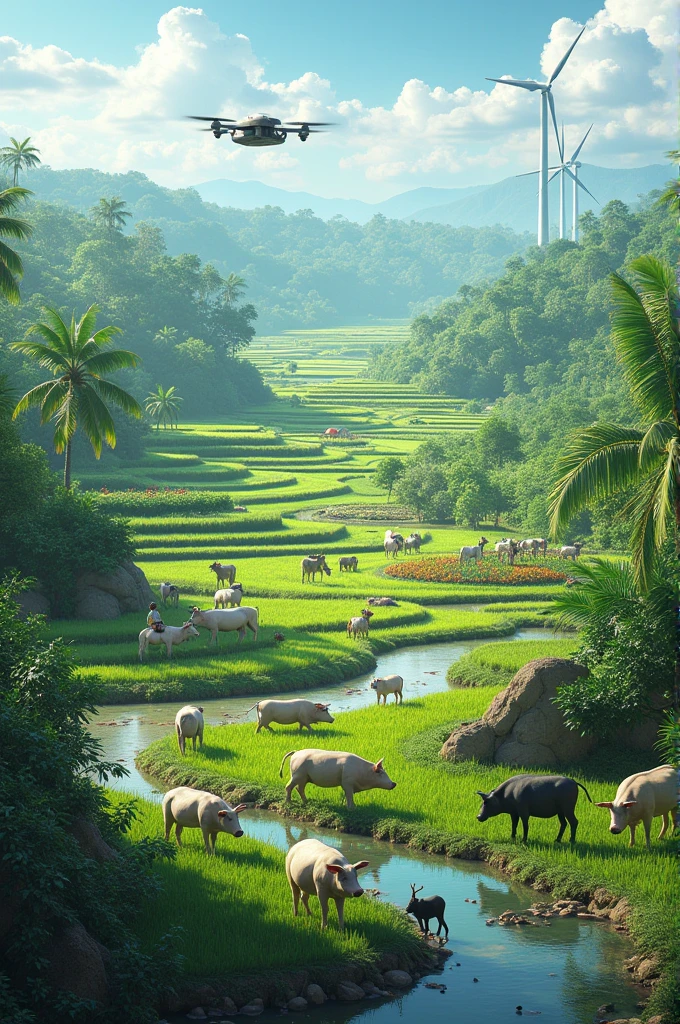 Rice fields, animal farms, pigs, cows, goats, fish, coconuts - SeaArt AI