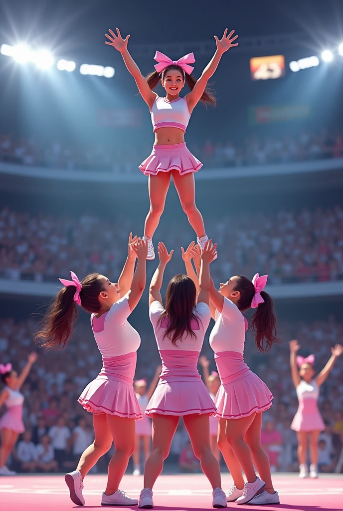 Cheer leaders throwing someone and cheering in white and pink uniforms ...