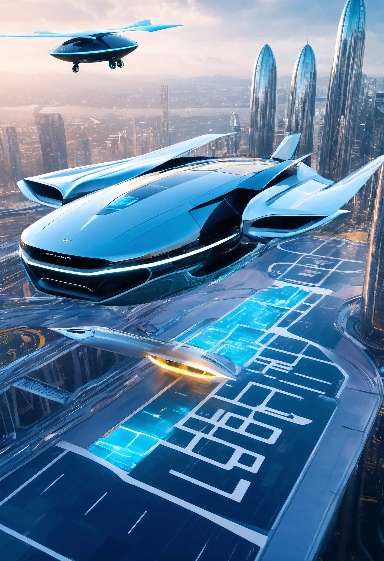 Futuristic flying car in the sky over a city with futuristic buildings ...