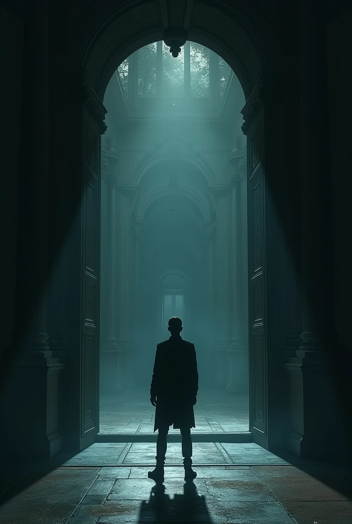 The man standing at the entrance of the mansion**, staring at the vast ...