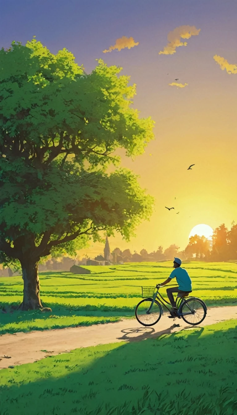 Draw a simple Tintin style art A green ground and a bicycle with a man ...