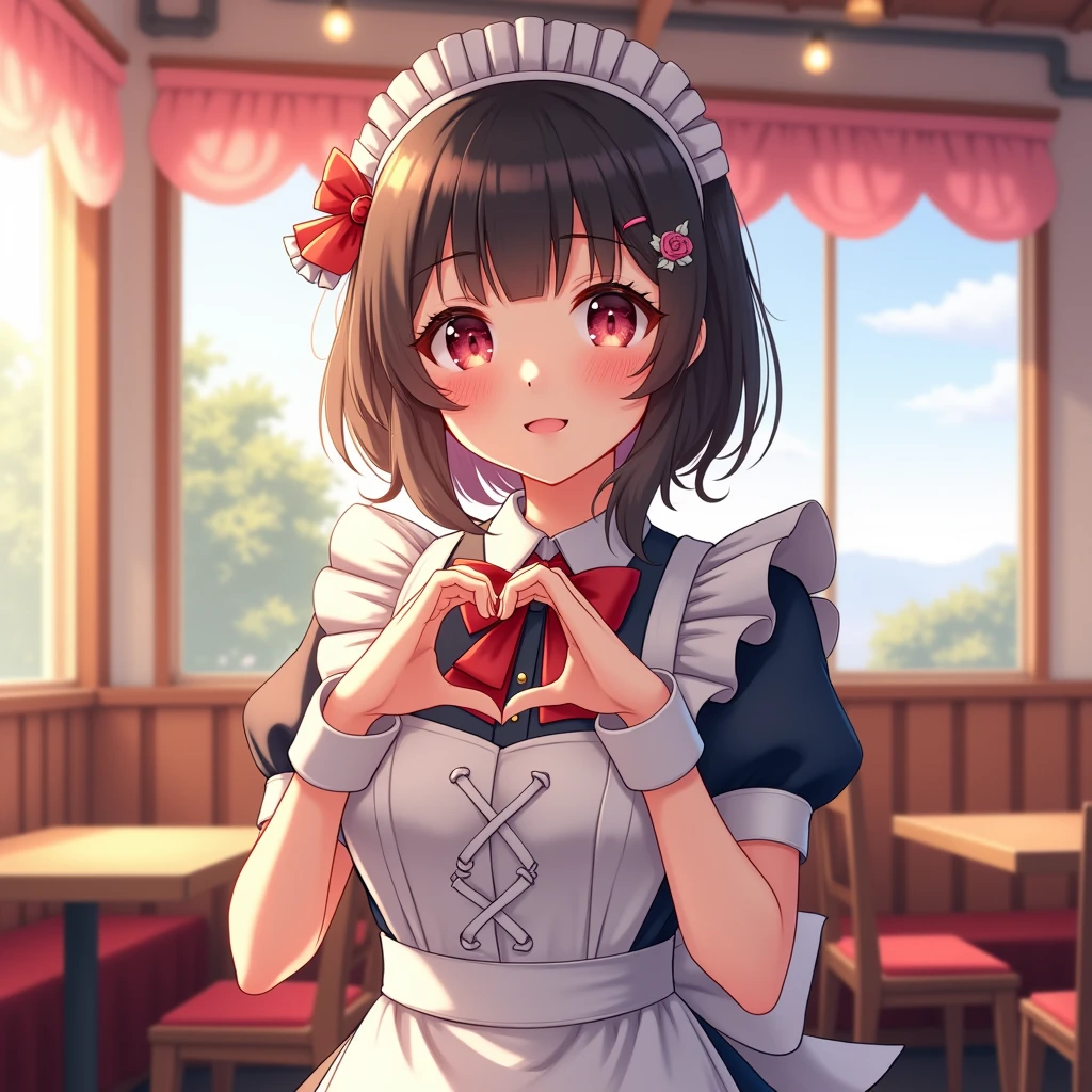 Maid cafe in japan, maid uniform, heart hands, hyperrealistic - SeaArt AI