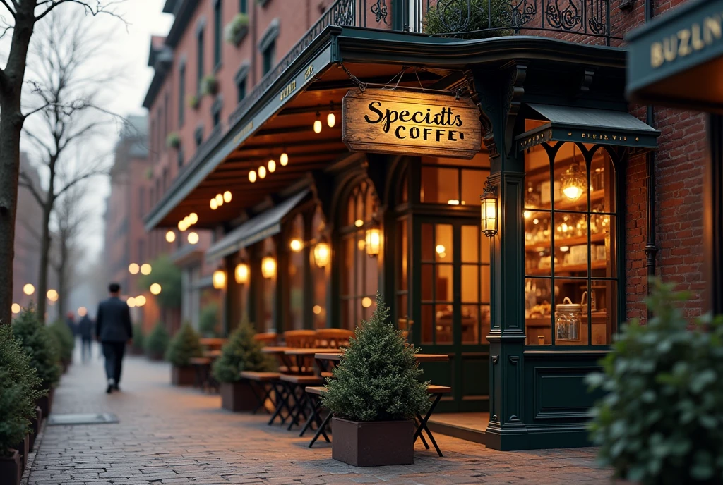 Intricate 1920s style coffee shop exterior, wooden "Specialty Coffee ...