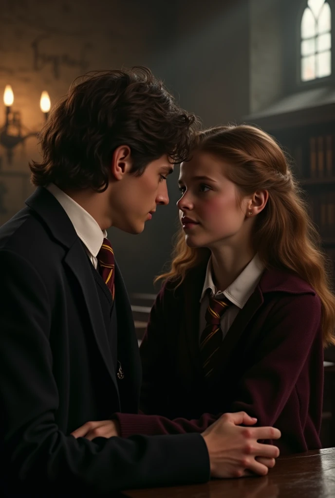 A photorealistic scene set in a dimly-lit Hogwarts classroom from the ...