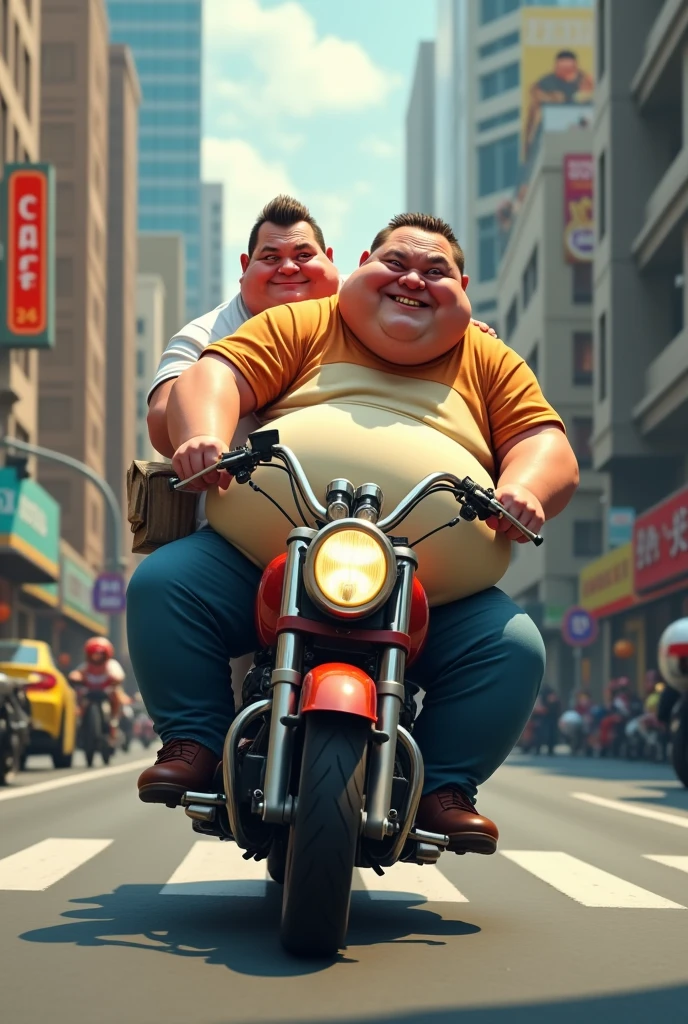 Two fat guys on a motorcycle delivering ifood - SeaArt AI