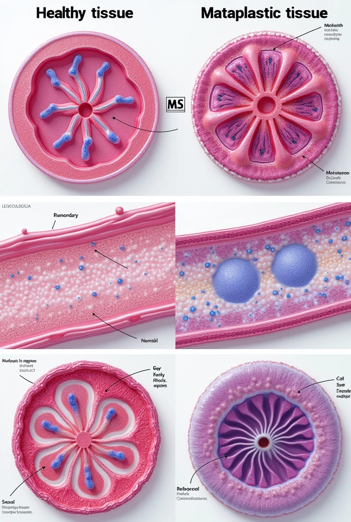 Create an image of metaplasia, where you show a comparison of a healthy ...