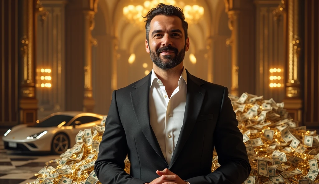 A wealthy and fulfilled individual, surrounded by luxury and riches ...