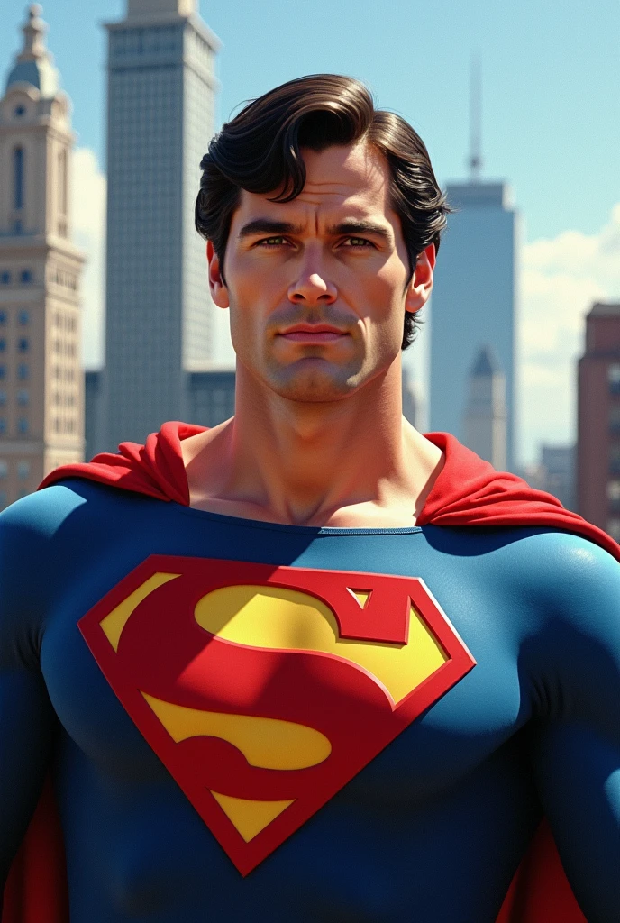 Christopher Reeves with short black hair wearing a 1980s superman suit ...