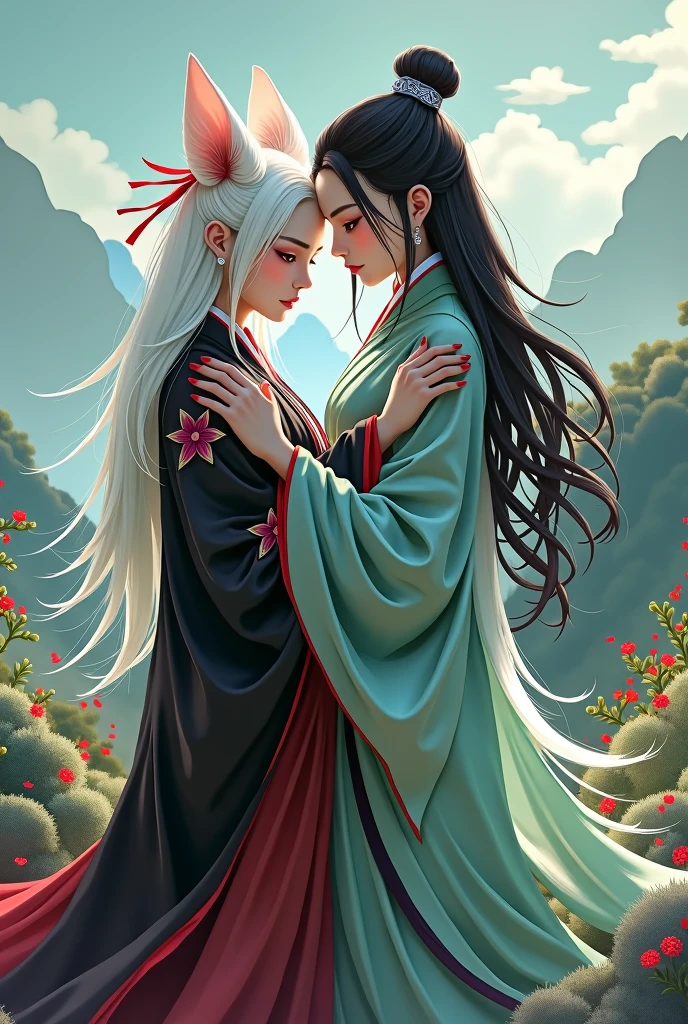 A Chinese kitsune woman with white hair and red eyes, wearing ...