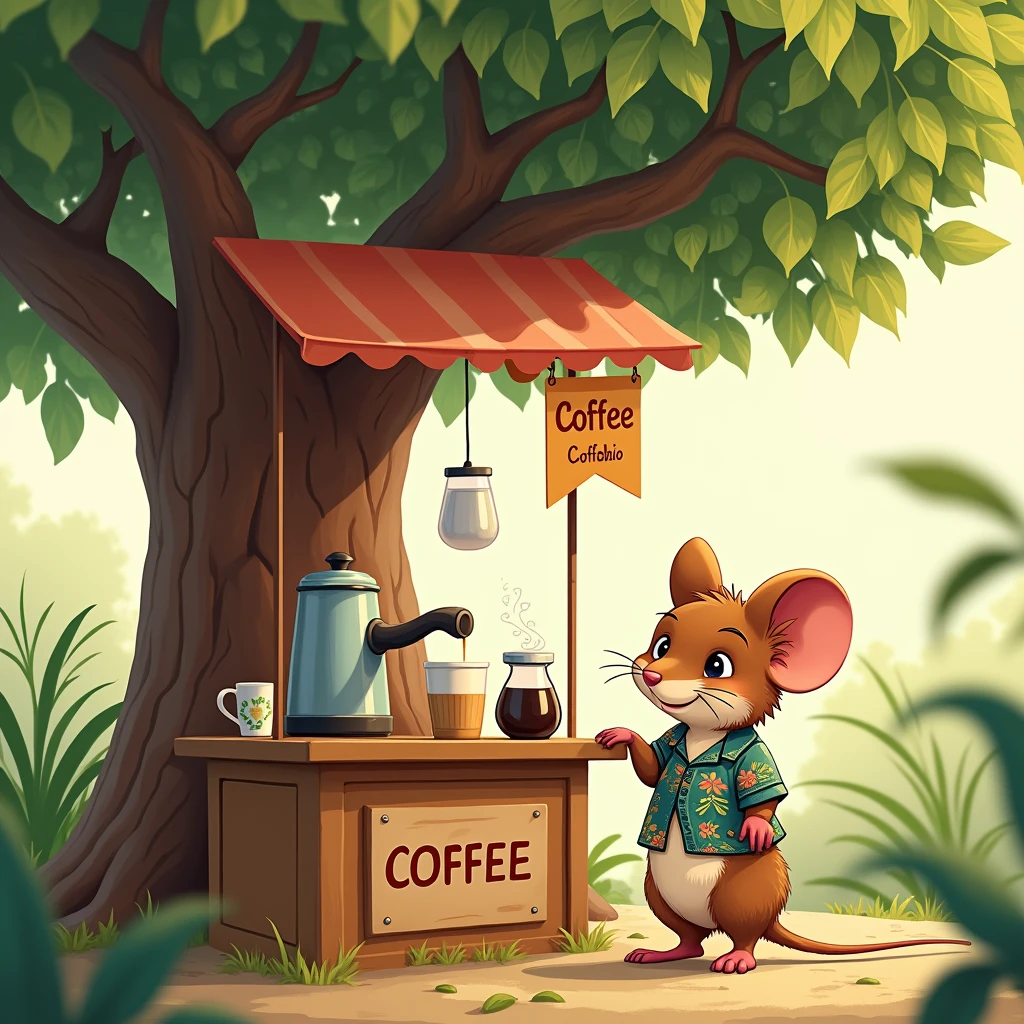 Under the coffee tree, a little mouse wearing a Hawaiian-style T ...