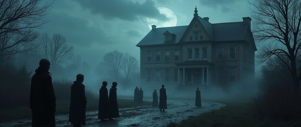 A small, eerie village with dimly lit houses under a cloudy night sky ...