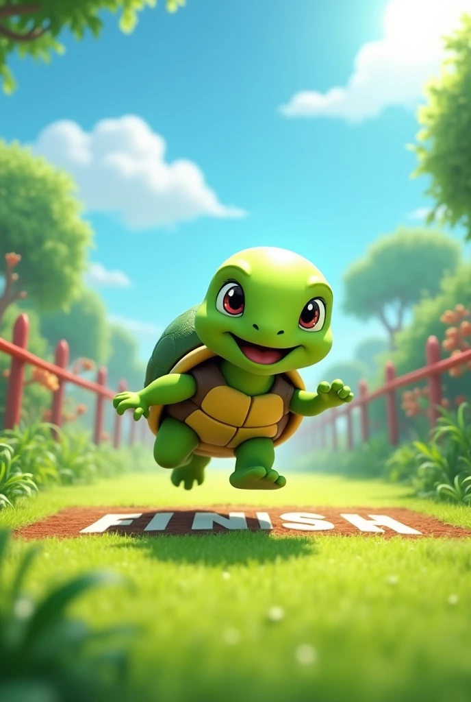 /imagine prompt: green colour Timmy turtle had won the race with finish ...