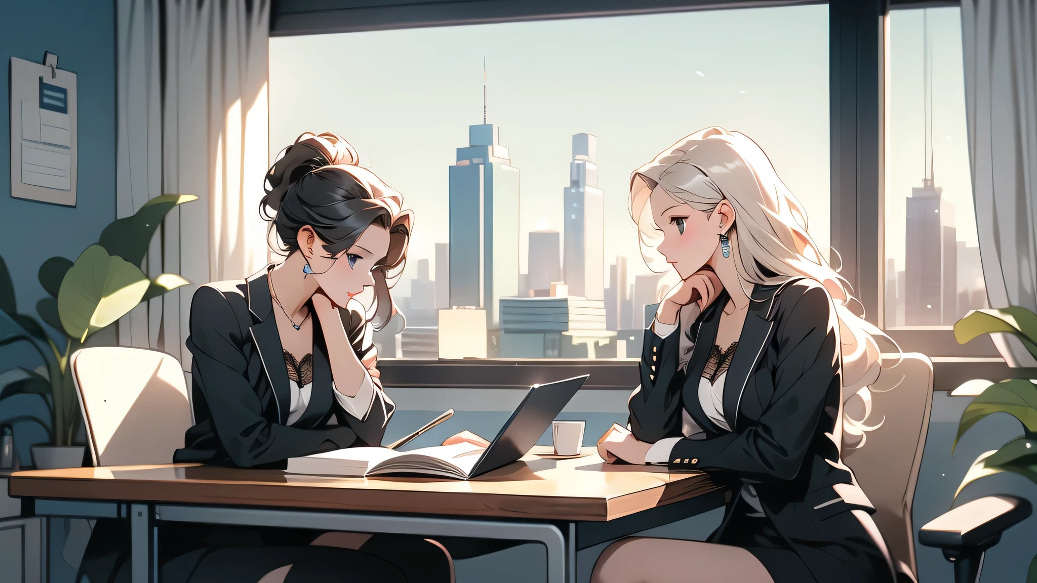 Anime characters sitting at a desk with a laptop computer - SeaArt AI