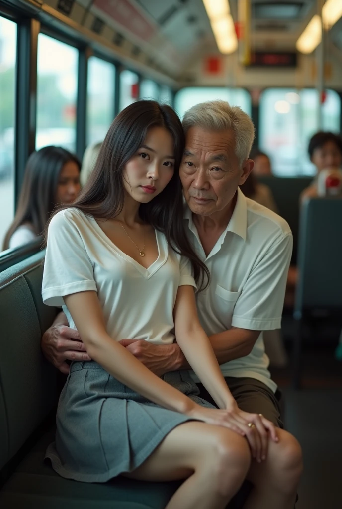 NSFW, (beautiful asian woman sitting on an old man lap on a bus - SeaArt AI