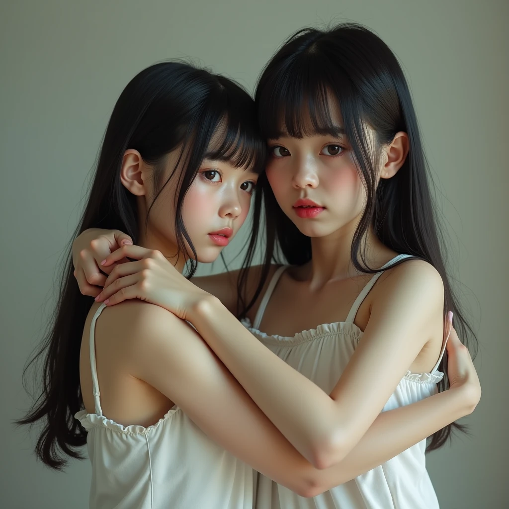Identical twin sisters, , bangs, Crying face, Hug from behind - SeaArt AI