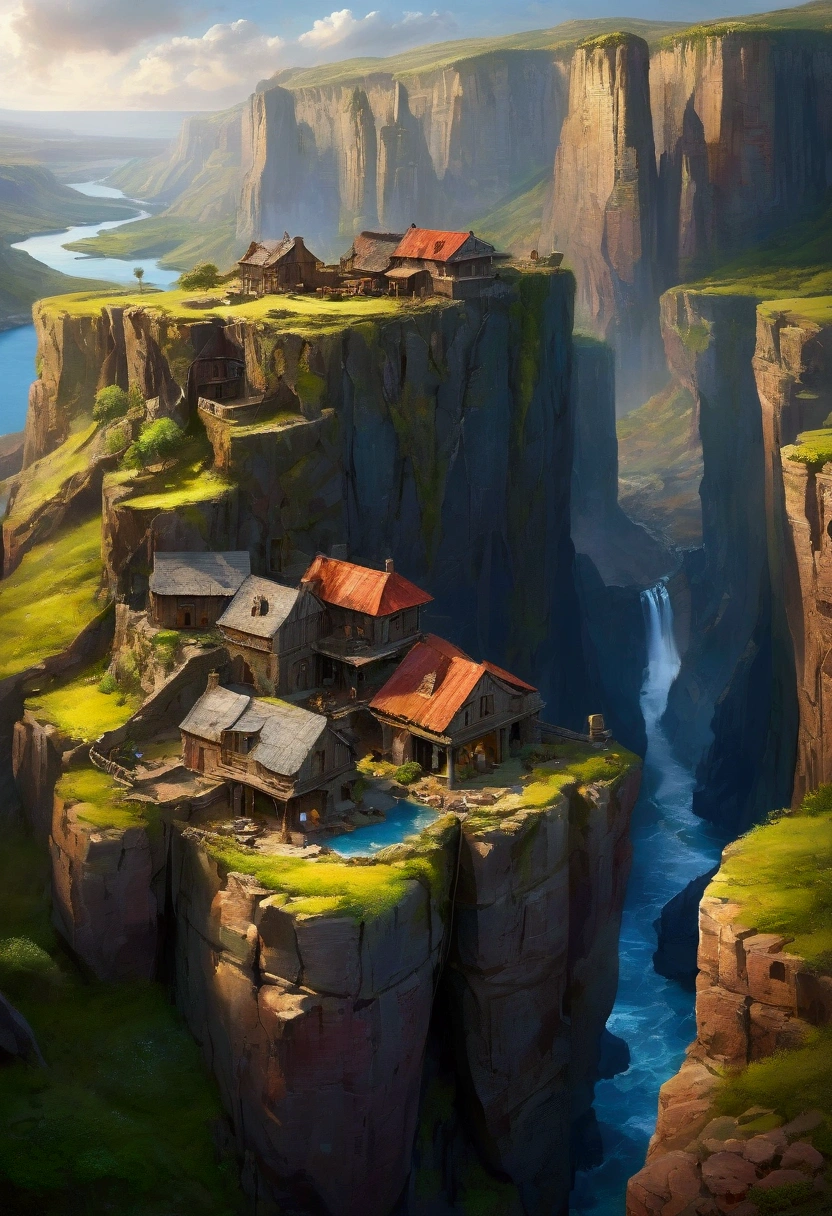 A settlement precariously perched on the edge of a rugged cliff - SeaArt AI