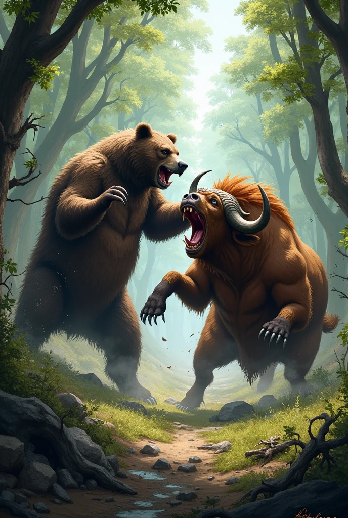 A big angry bear fight with big angry yak in the forest ai image ...