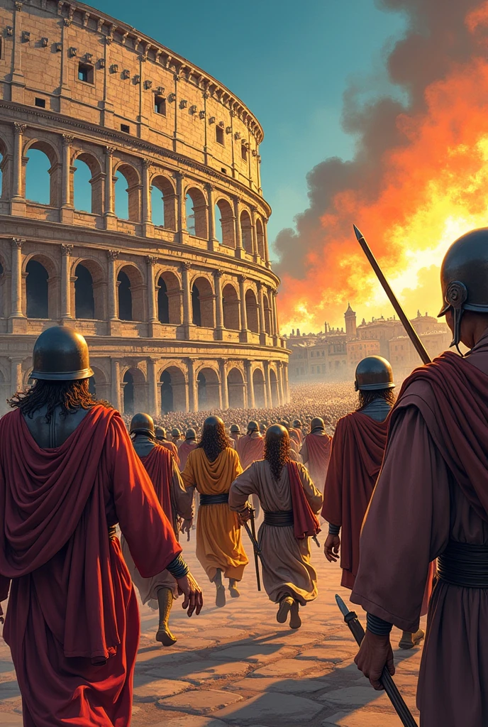 A cartoon of Christians in the arena of the Colosseum, being chased by ...