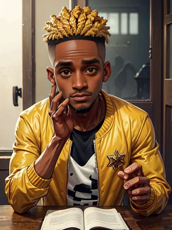 Cartoon image of a dark skin male with faded haircut wearing an preto ...
