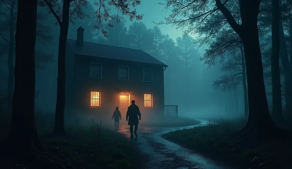 Night clinic in the forest at the end of a road with dark shadows and a ...