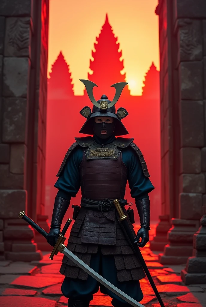 Angkor Wat samurai having swords and bow with reddish orange light ...