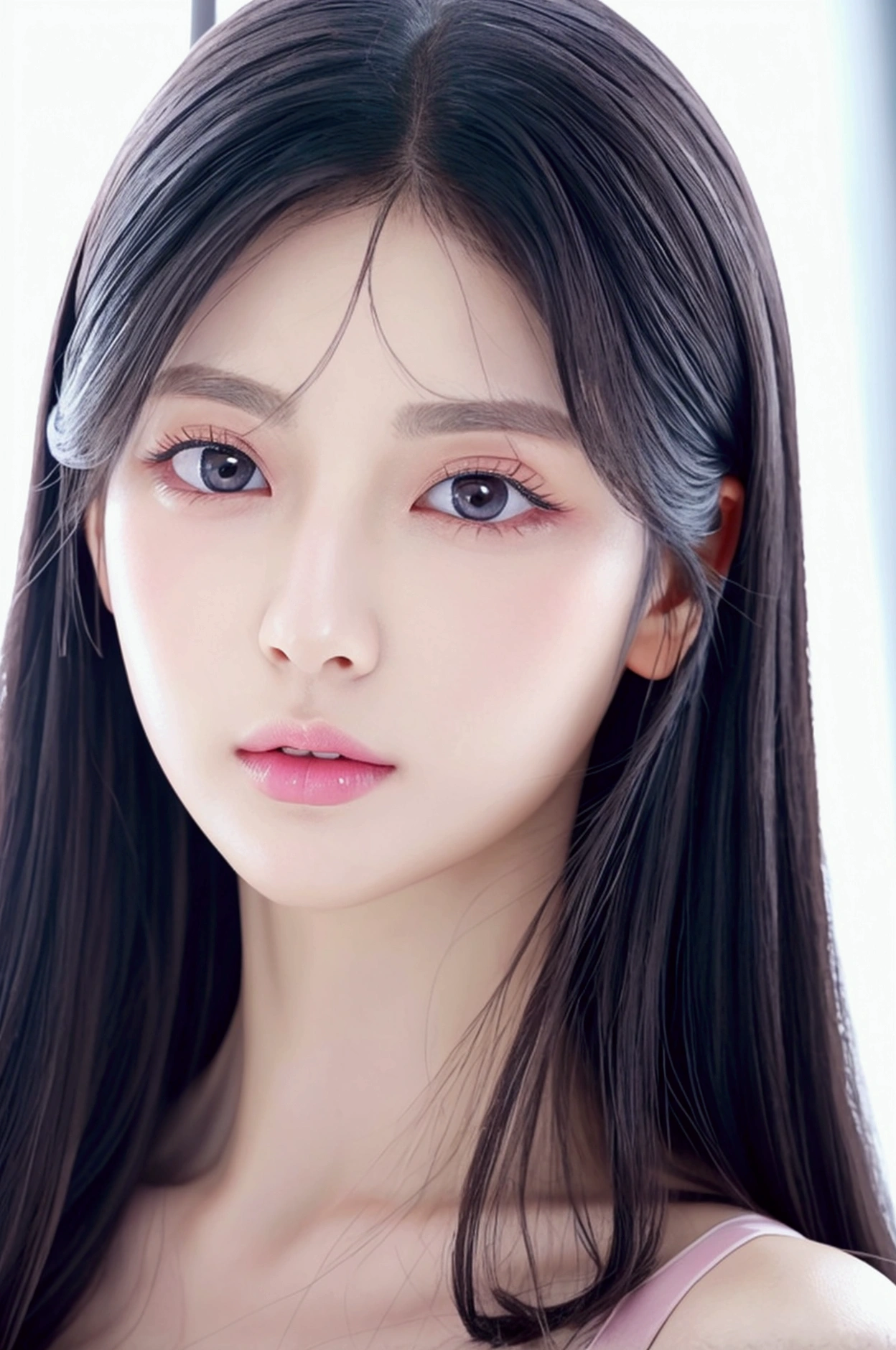 A korean girl with blue eyes long eyelashes and long jet black silky ...