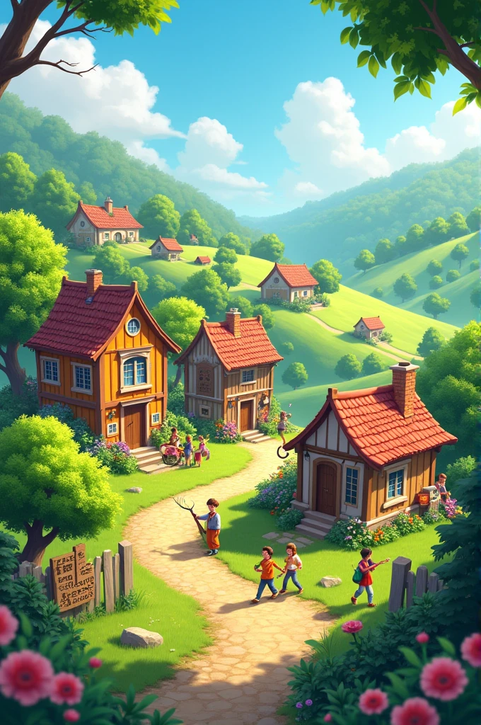 A quaint, colorful village with small, charming houses surrounded by ...