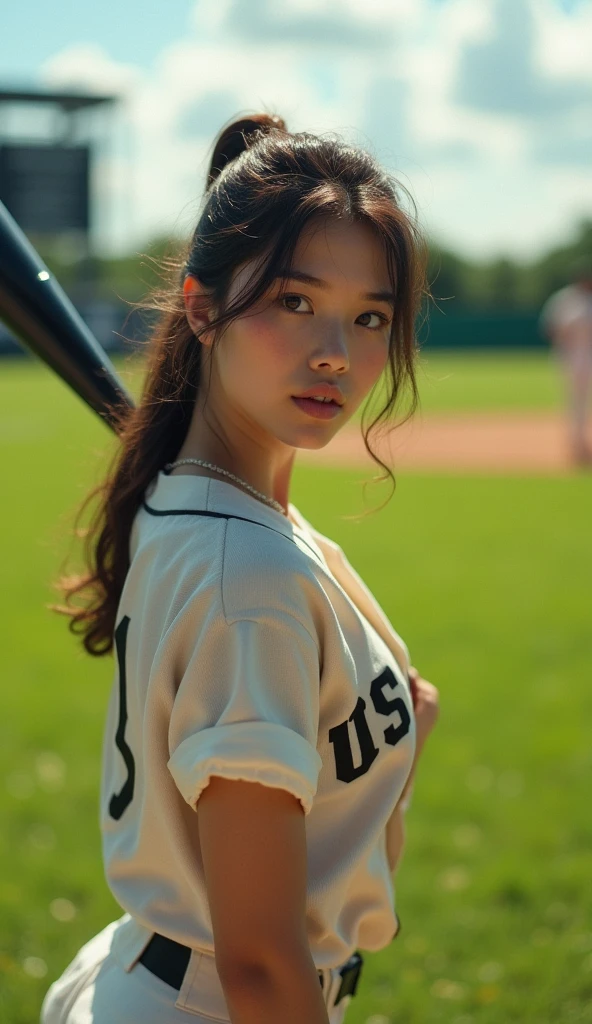 A beautiful girl in a baseball uniform, detailed realistic portrait ...