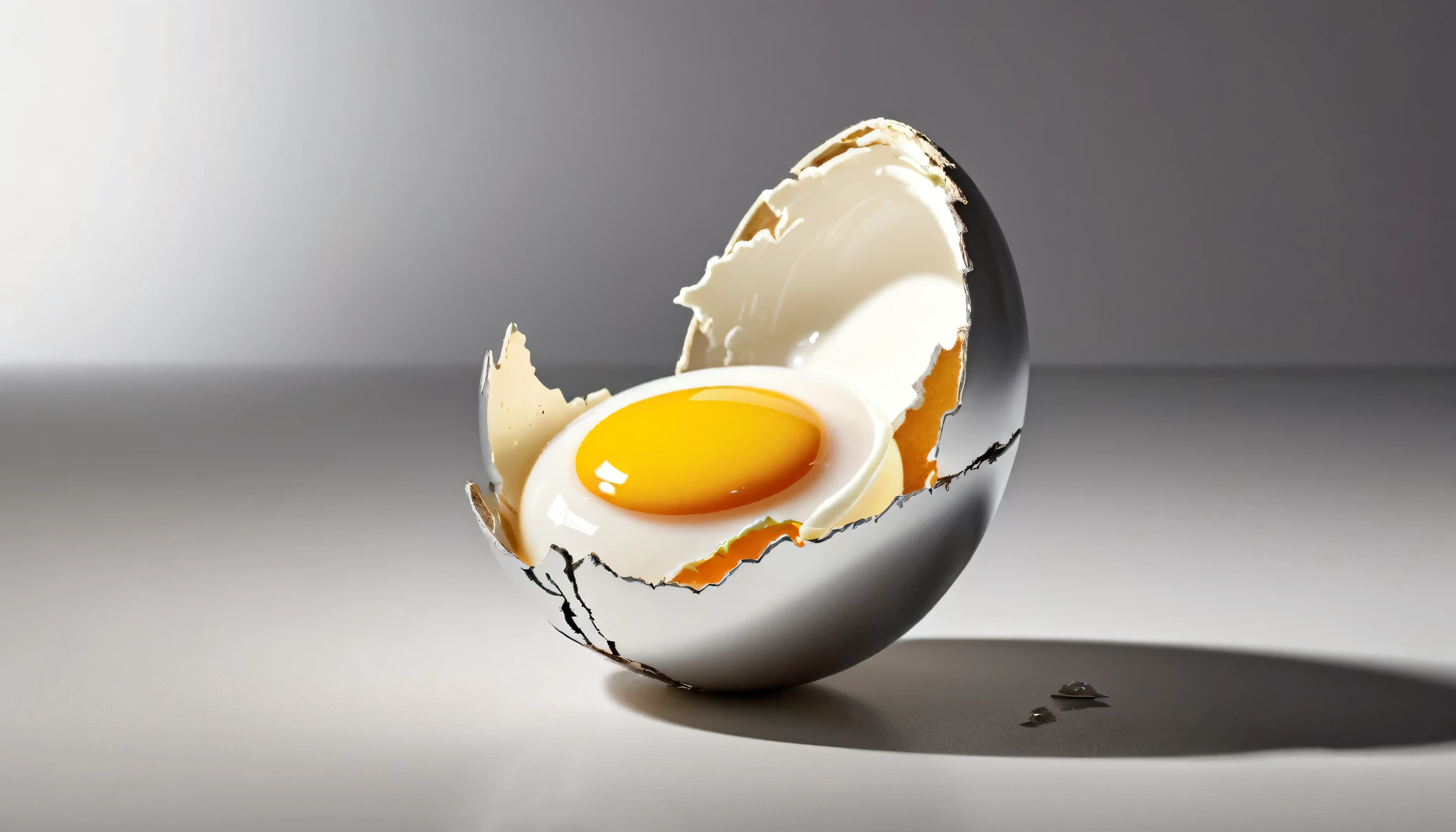 There is a broken egg sitting on a table with a shadow - SeaArt AI