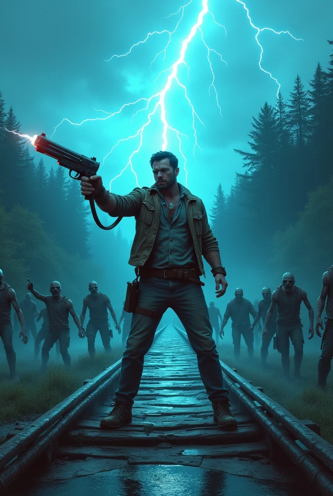 A man fighting with zombies in a bridge between a river in forest with ...