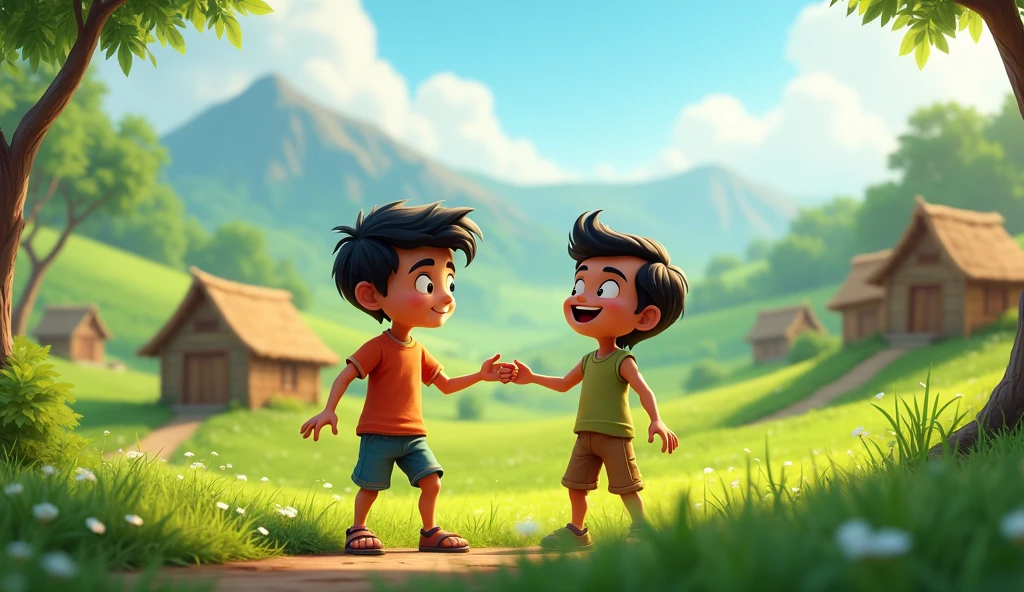 3d cartoon style image गाँव का सुंदर दृश्य, हरे-भरे खेत, पहाड़ियों और ...