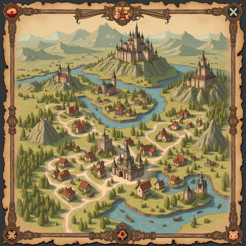 Make a paper map of a medieval tabletop RPG set in Europe - SeaArt AI