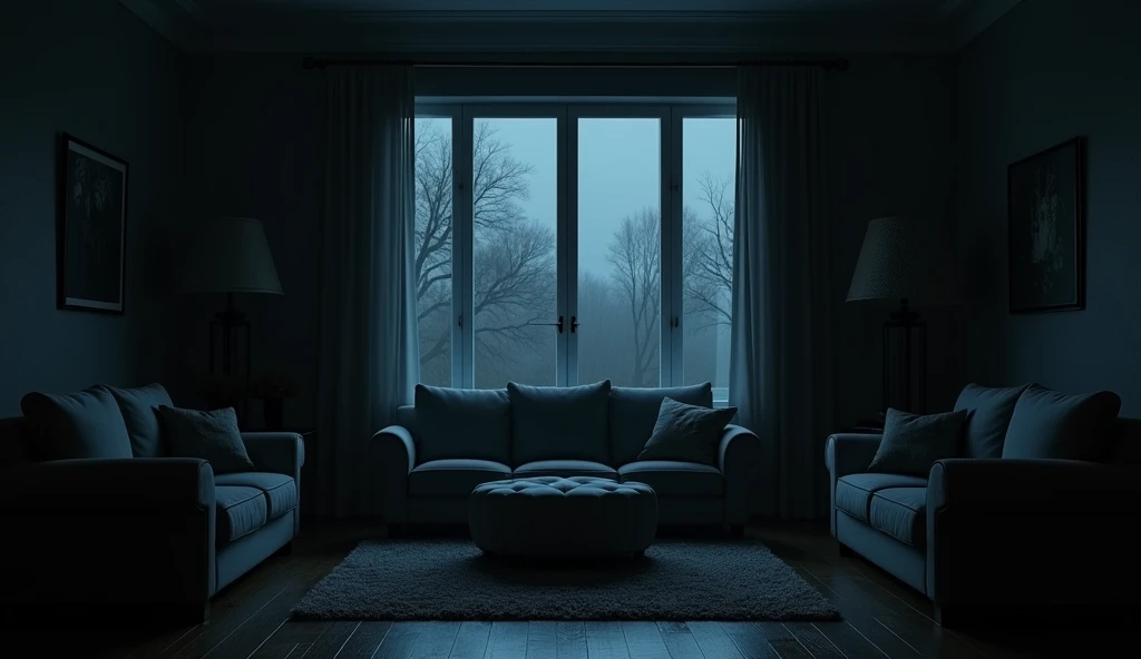 A living room at night, unease atmosphere, moody lighting, dramatic ...