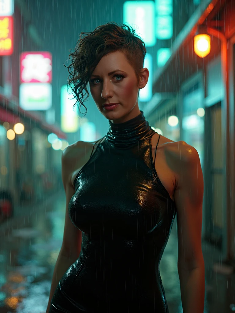 Matrix movie style. Rainy day, neon lights. The woman is dressed like ...