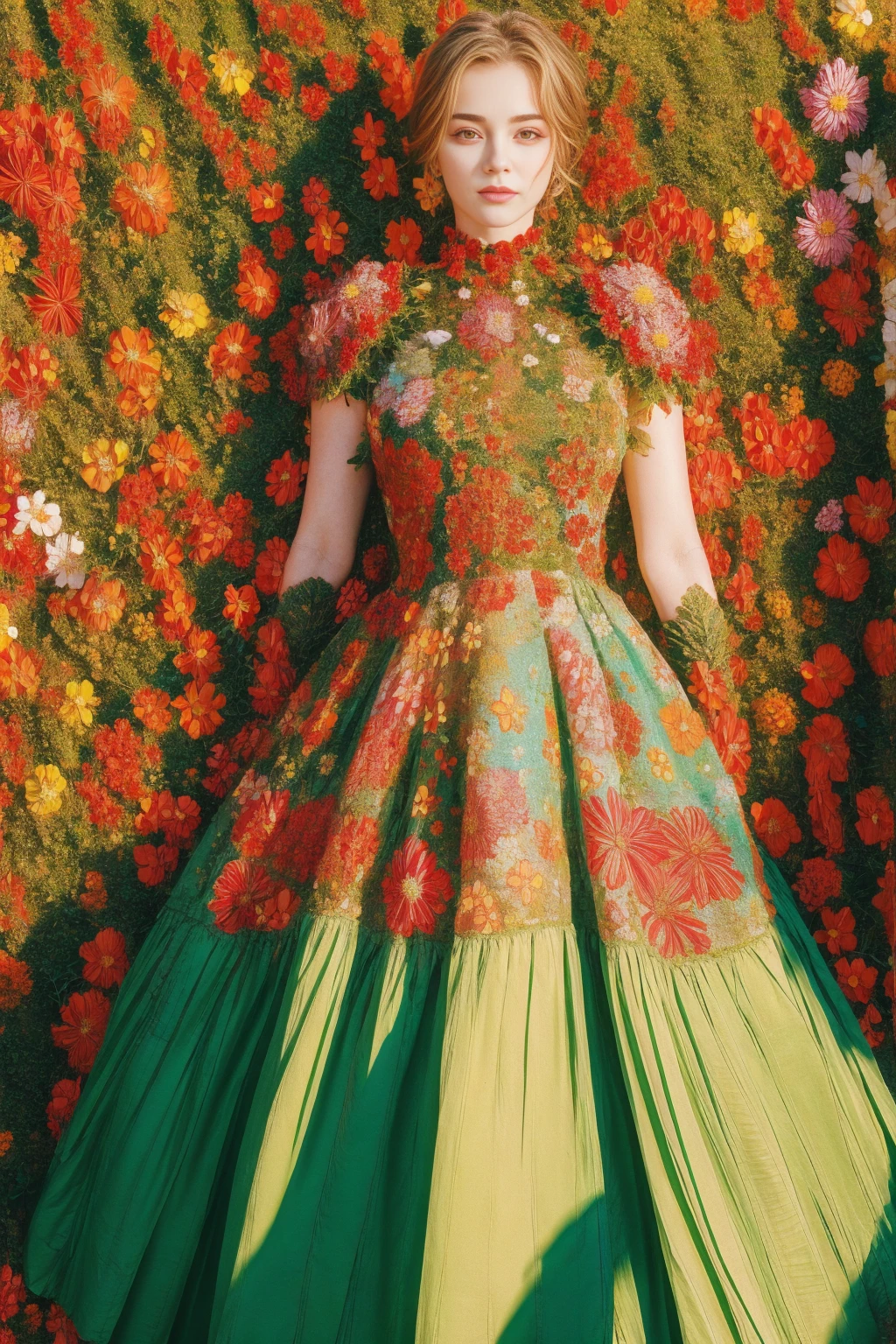 Woman, flower dress, colorful, darl background,flower armor,green theme ...