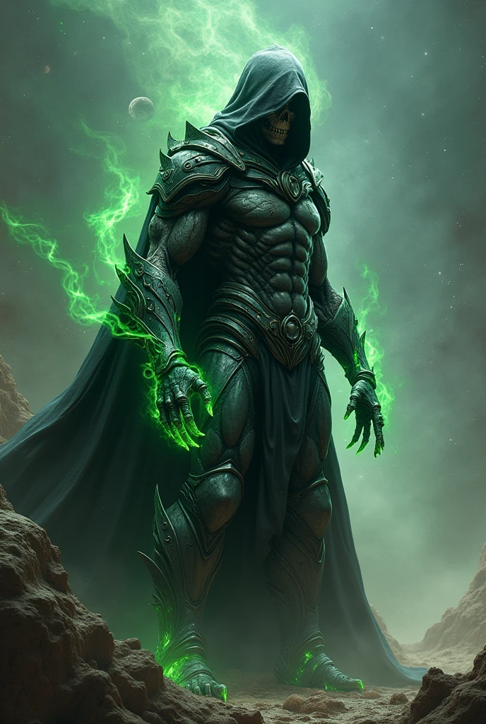 A dark and menacing skeletal figure wearing an ornate, jagged armor ...