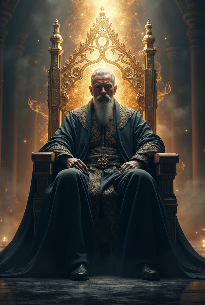 An emperor sitting on a throne made of light and darkness with the face ...