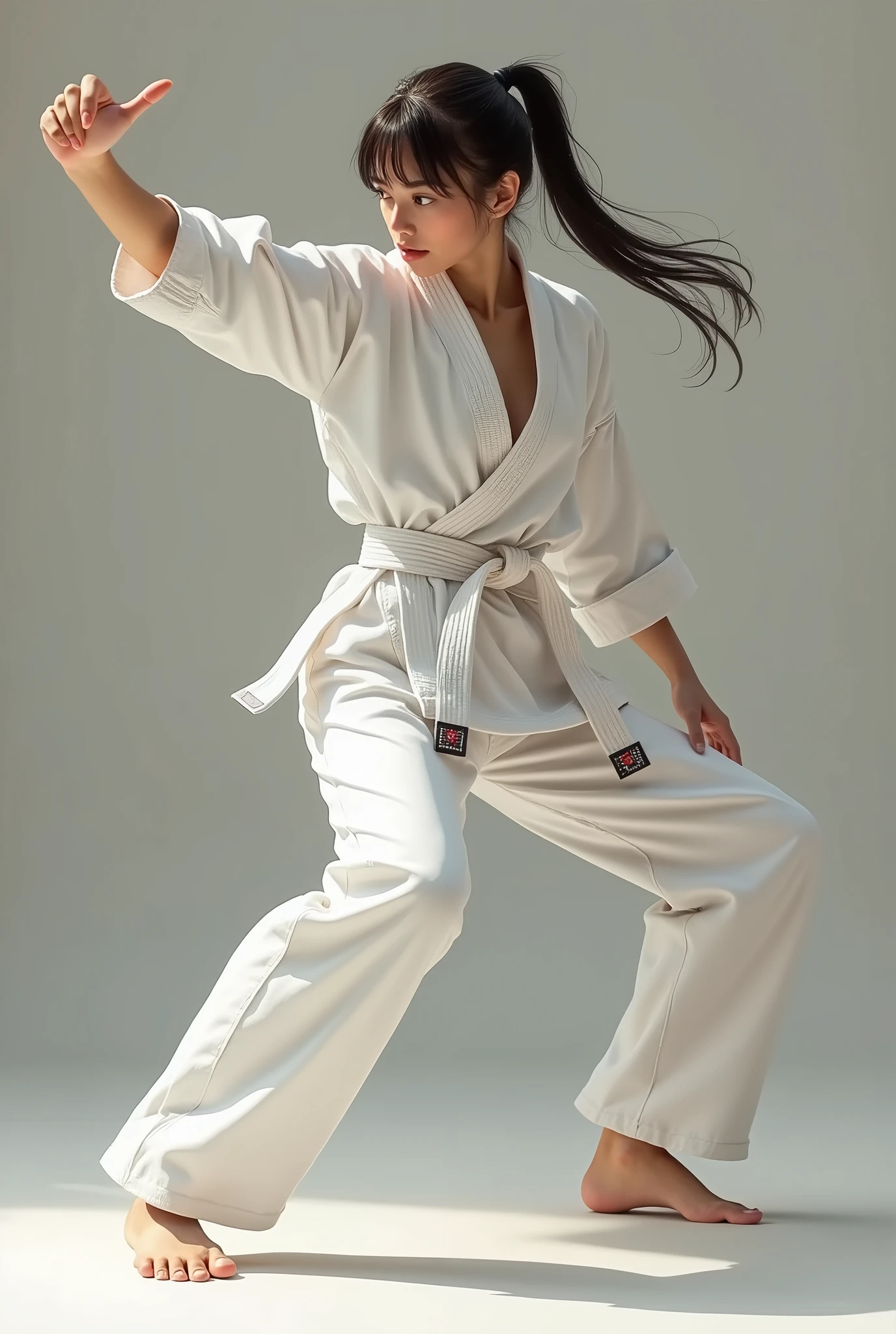 Arafed woman in white karate outfit doing a kick with a white ...