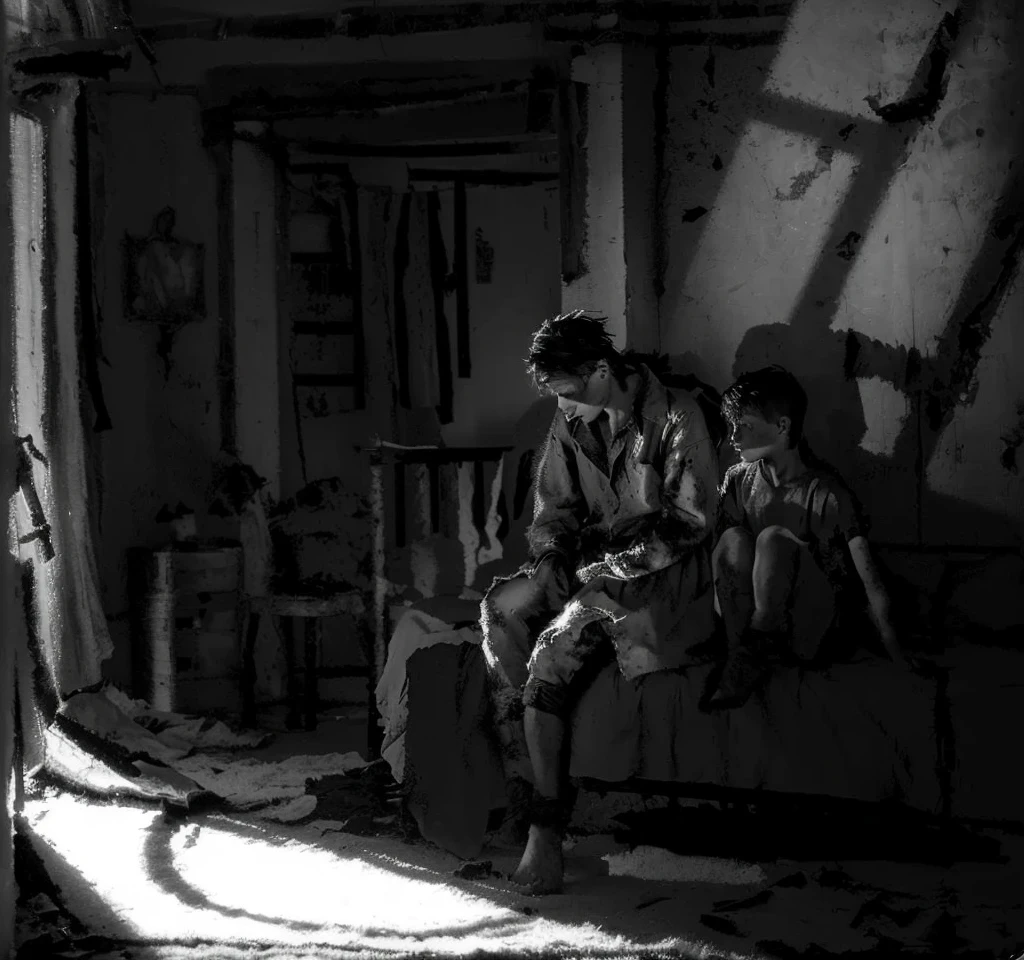 A dramatic scene, two young brothers sitting on an old bed in a sparse ...