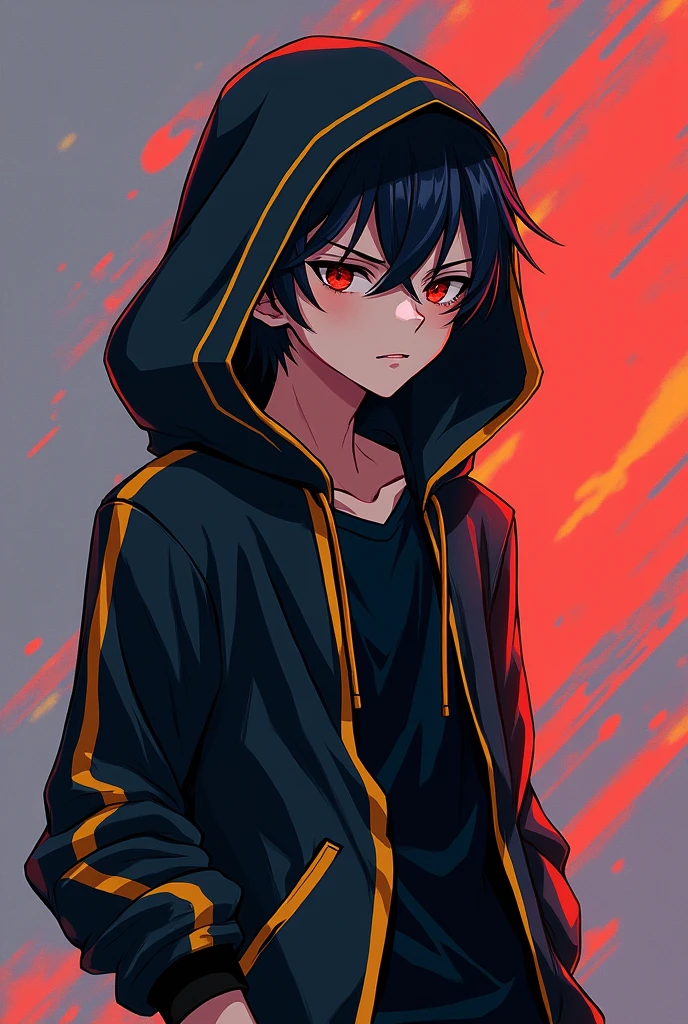 Make anime boy character hoddie (black yellow line) red eye baground ...