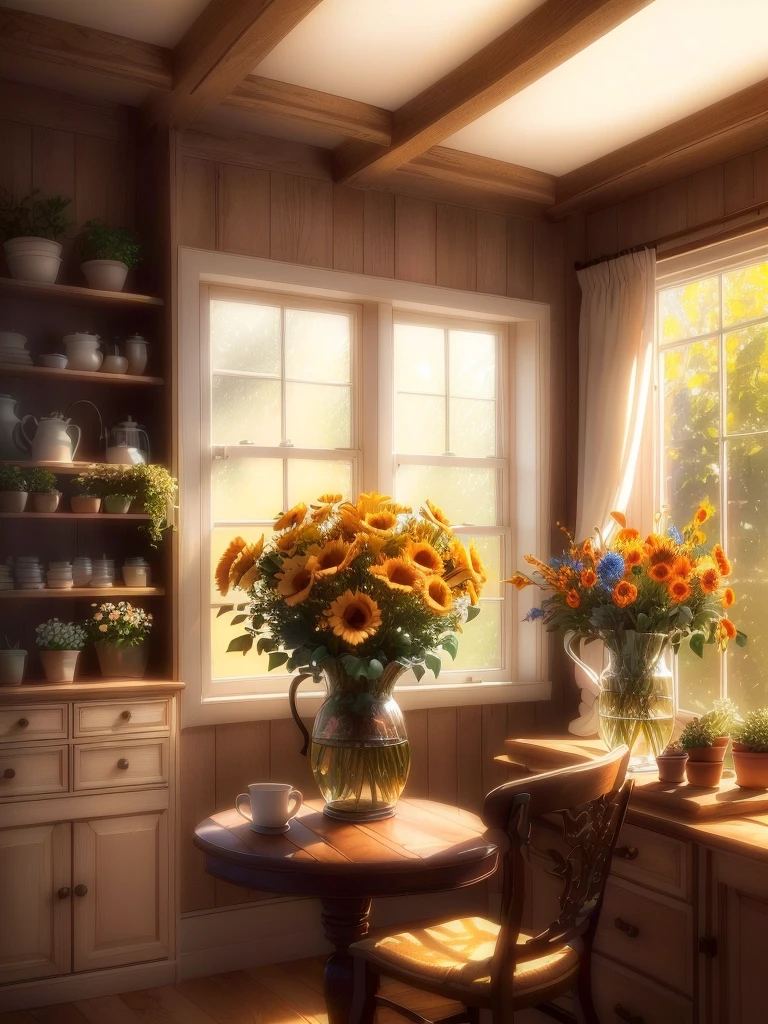A cozy flower shop, intricate floral arrangements, warm lighting ...